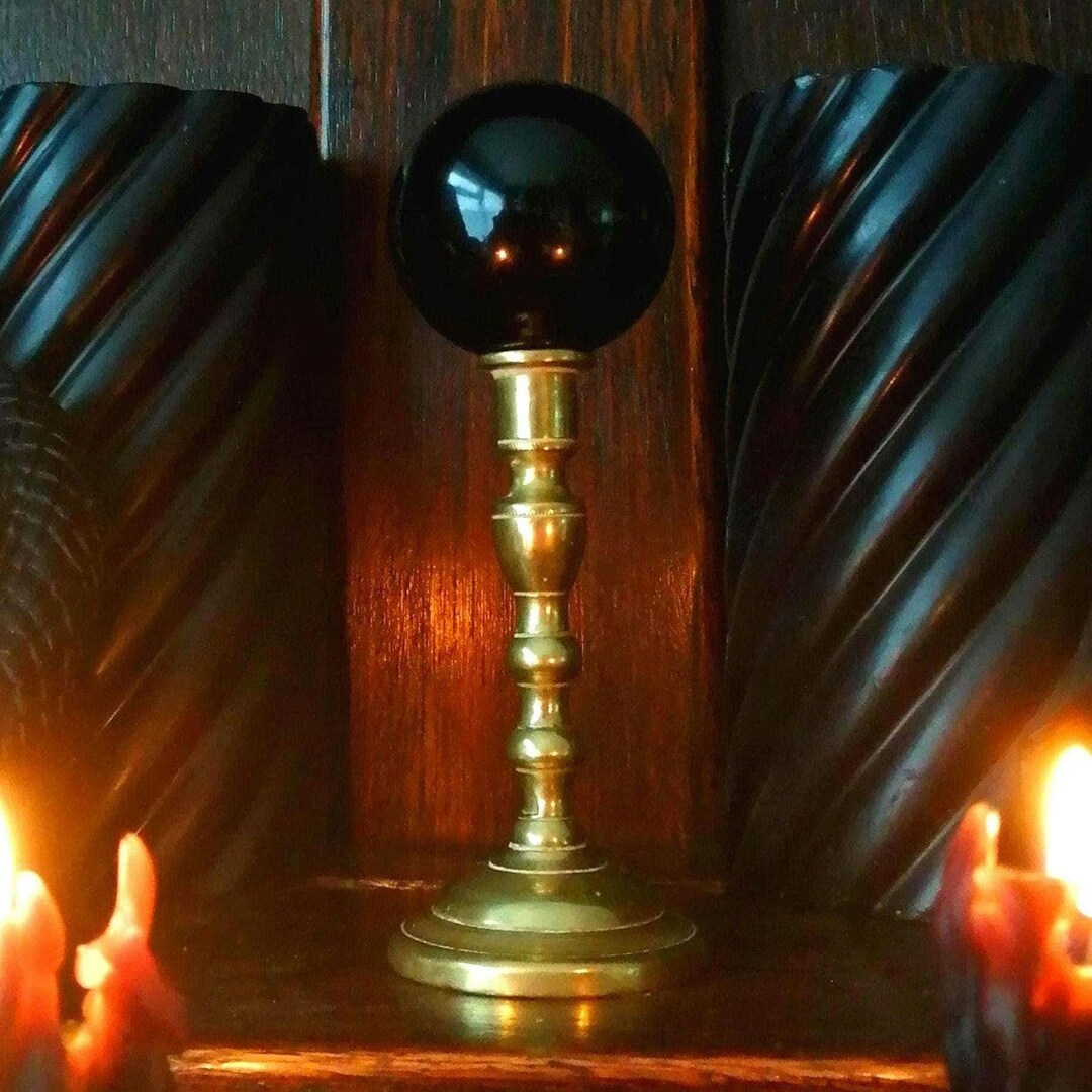 Mystic Crystal Ball. Micro Obsidian Scrying Orb on Vintage Brass Stand ...