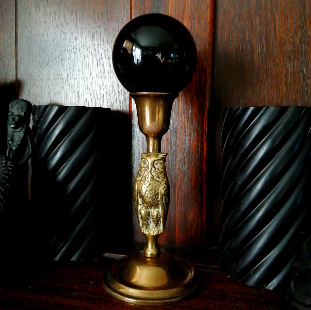 Witch's Familiar Crystal Ball. Obsidian Scrying Orb on a Vintage Brass ...