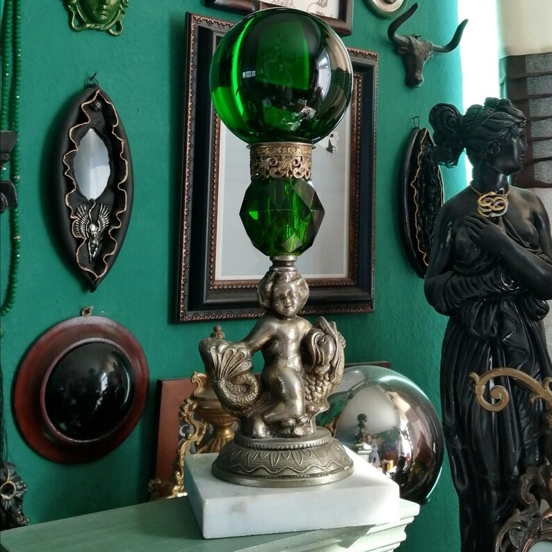 Oz - Crystal Ball. Huge, Green GLASS Modern, Scrying Orb on Vintage ...