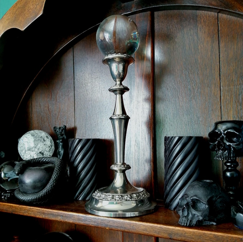 Invocation Crystal Ball, Huge Glass Scrying Orb & Silver Plate, Floral ...