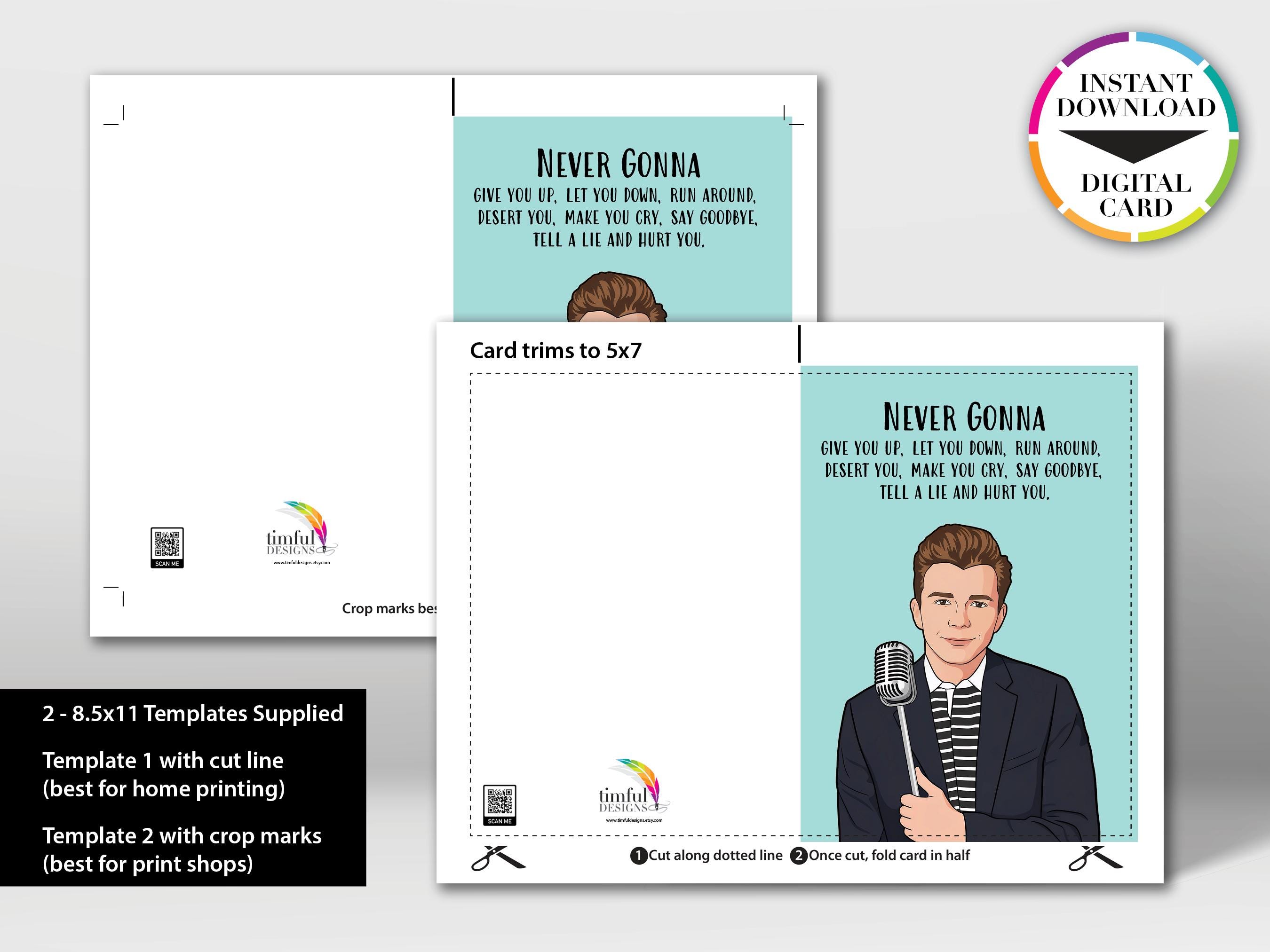 Instant Download Birthday Card | PDF Card | Rick Roll | Astley | Easily ...
