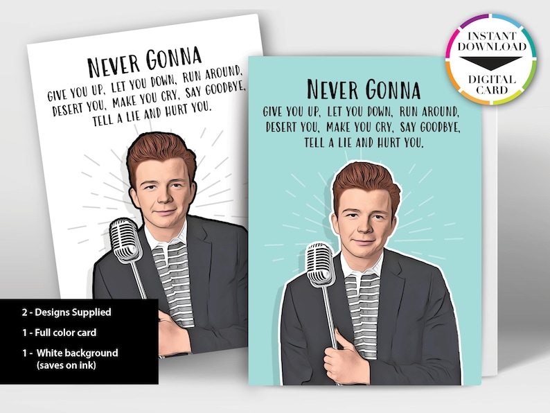Instant Download Birthday Card | PDF Card | Rick Roll | Astley | Easily ...