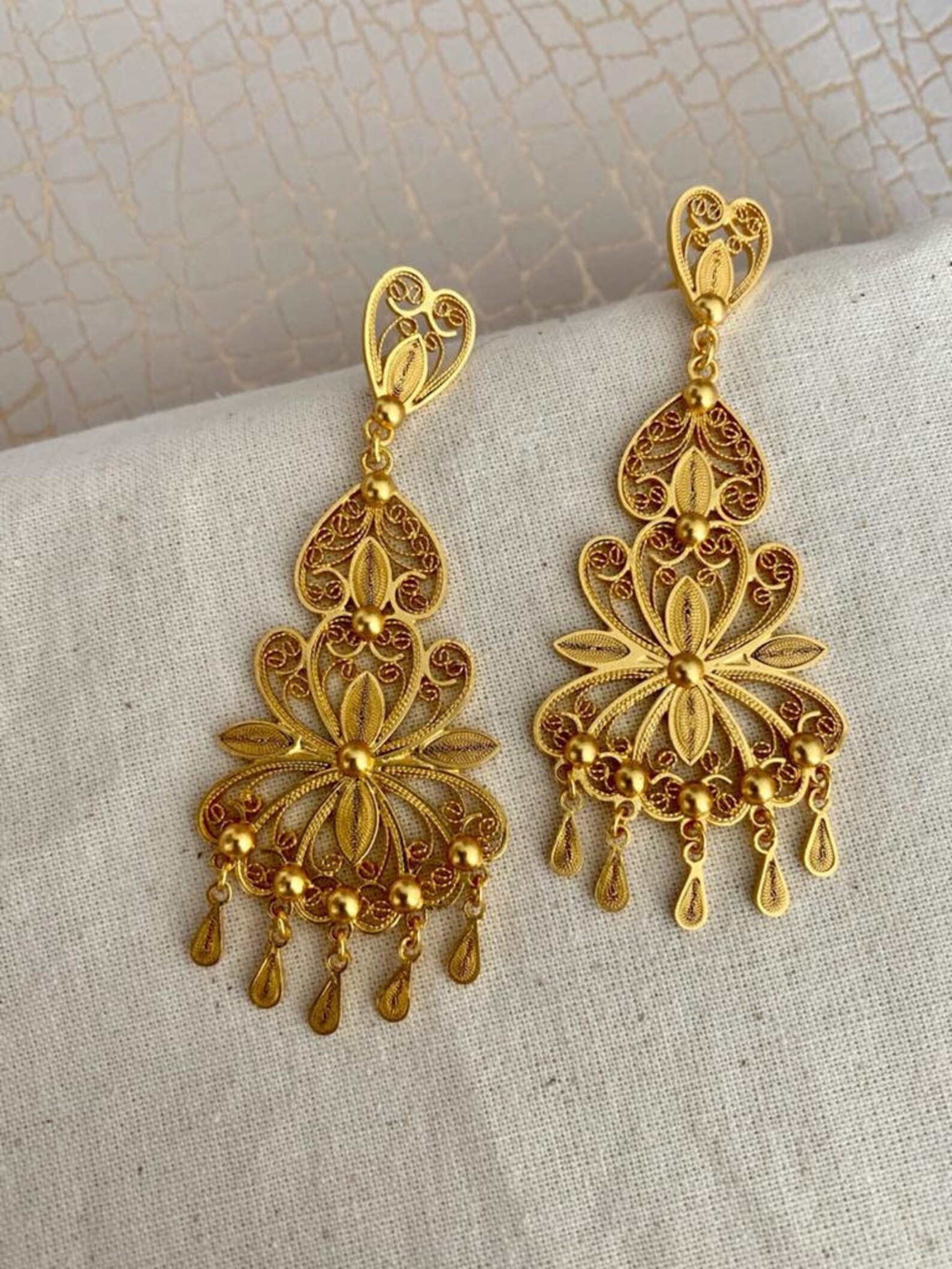 24k Gold Sterling Silver Filigree Earrings: Handmade Floral Dangle ...