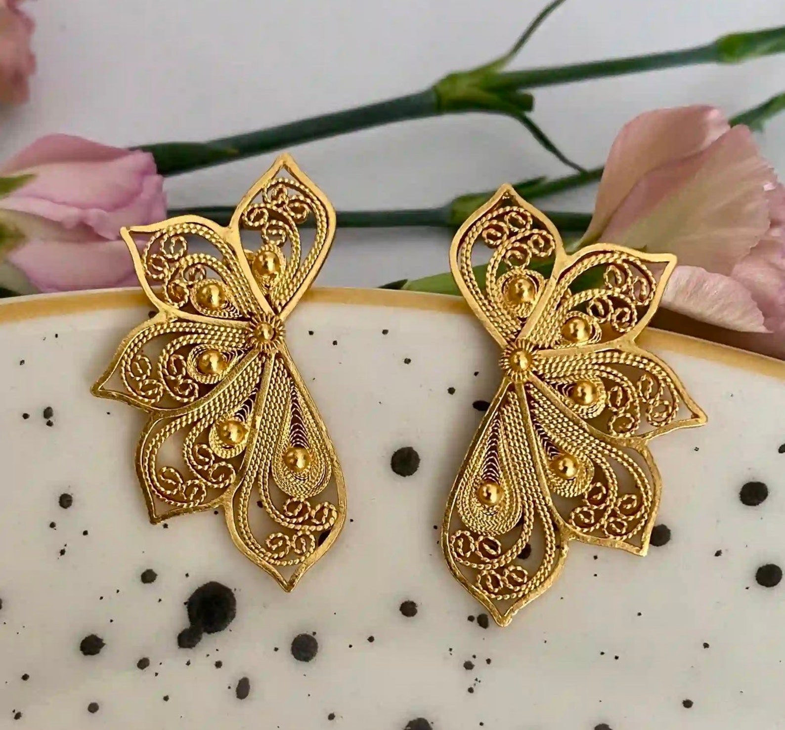 Leonor Earrings Sterling Silver Gold Plated 24k Handmade in Filigree - Etsy