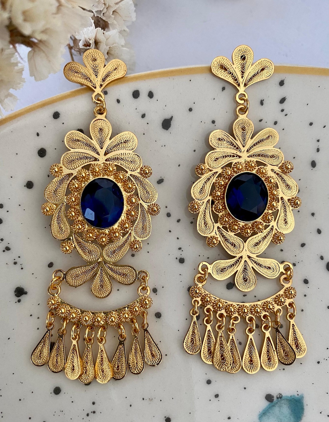 Victoria Earrings Sterling Silver Gold Plated 24k Handmade With Central Gemstone, Filigree ...