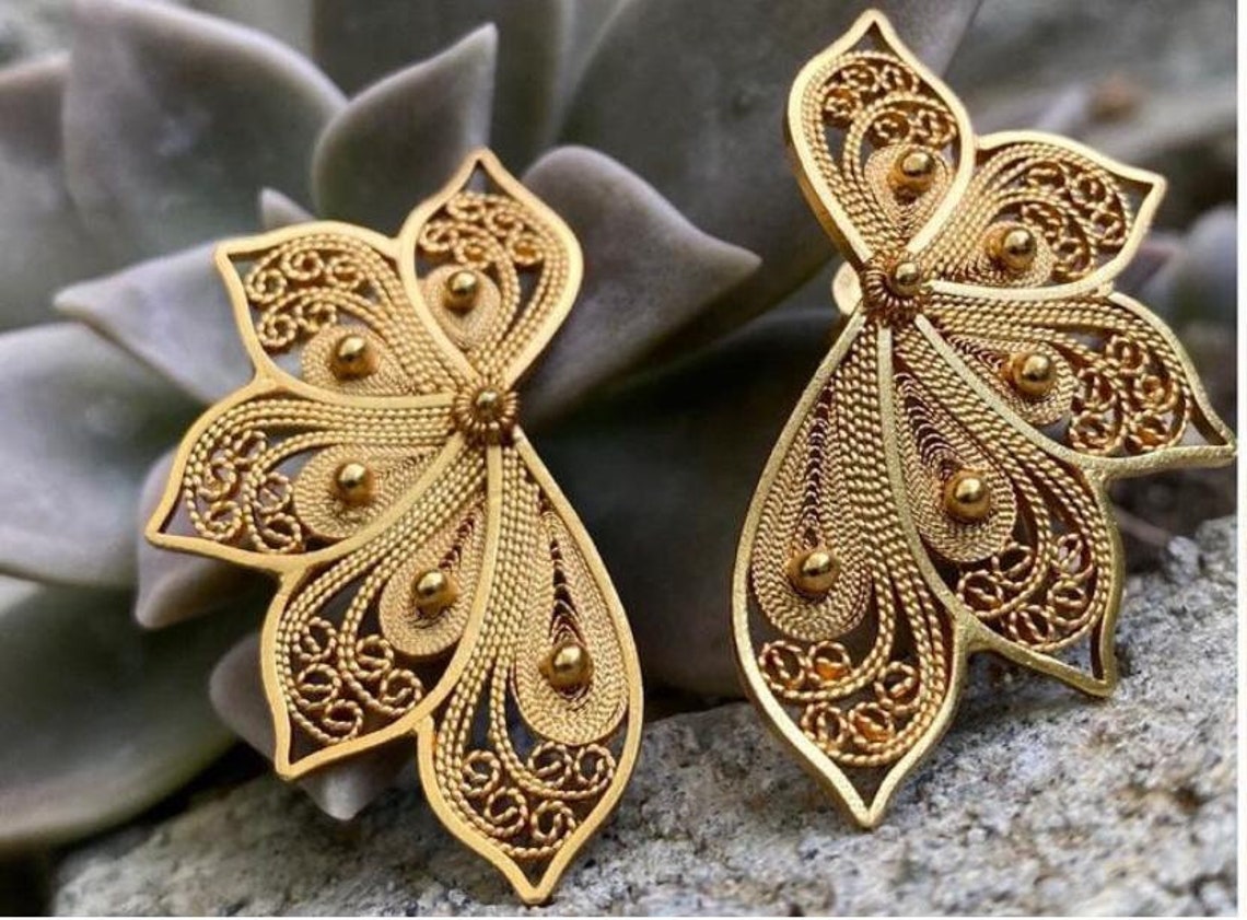 Leonor Earrings Sterling Silver Gold Plated 24k Handmade in Filigree - Etsy