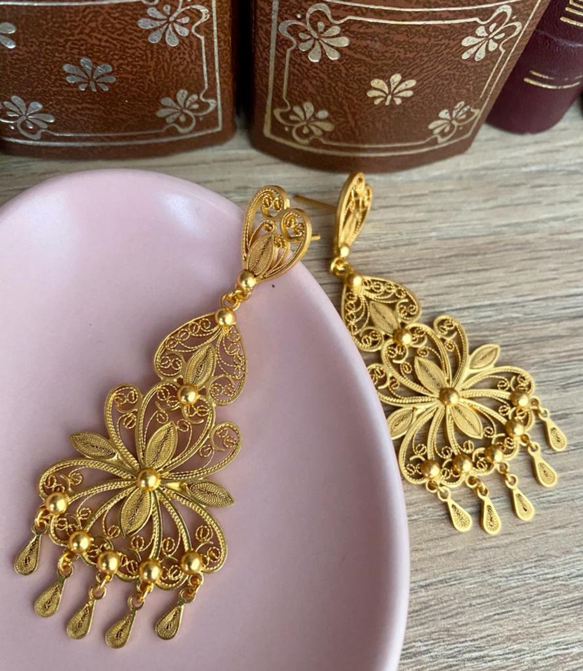24k Gold Sterling Silver Filigree Earrings: Handmade Floral Dangle ...