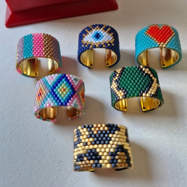 Miyuki Ring in Vibrant Colors. Adjustable Rings. Handmade Colorful ...