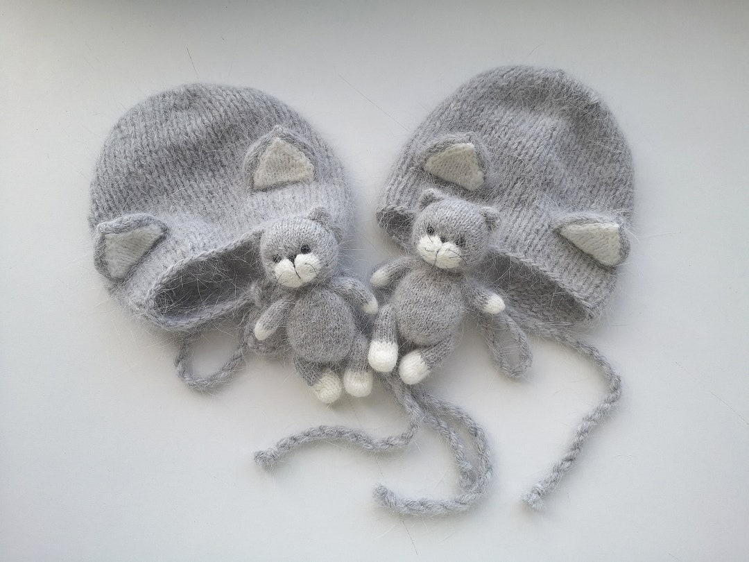 Gray Kitty Bonnet Hat and Toy Set, Kitten Newborn Bonnet, Knitted ...