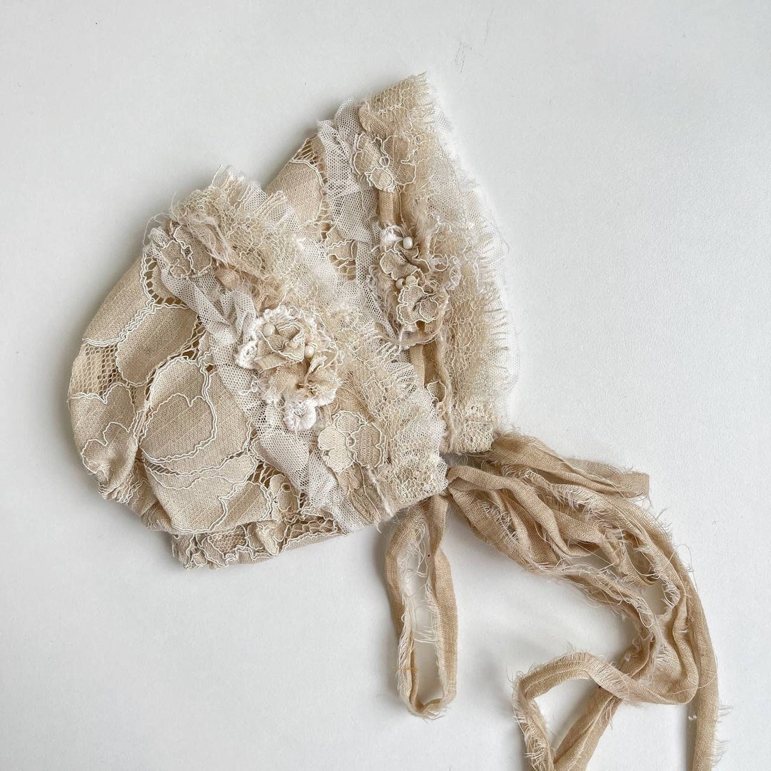 Beige Vintage Lace Bonnet, Boho Hat, Newborn Vintage Bonnet, Newborn ...