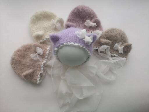 White Kitty Bonnet Hat, Kitten Newborn Bonnet, Knitted Bonnet, Newborn ...
