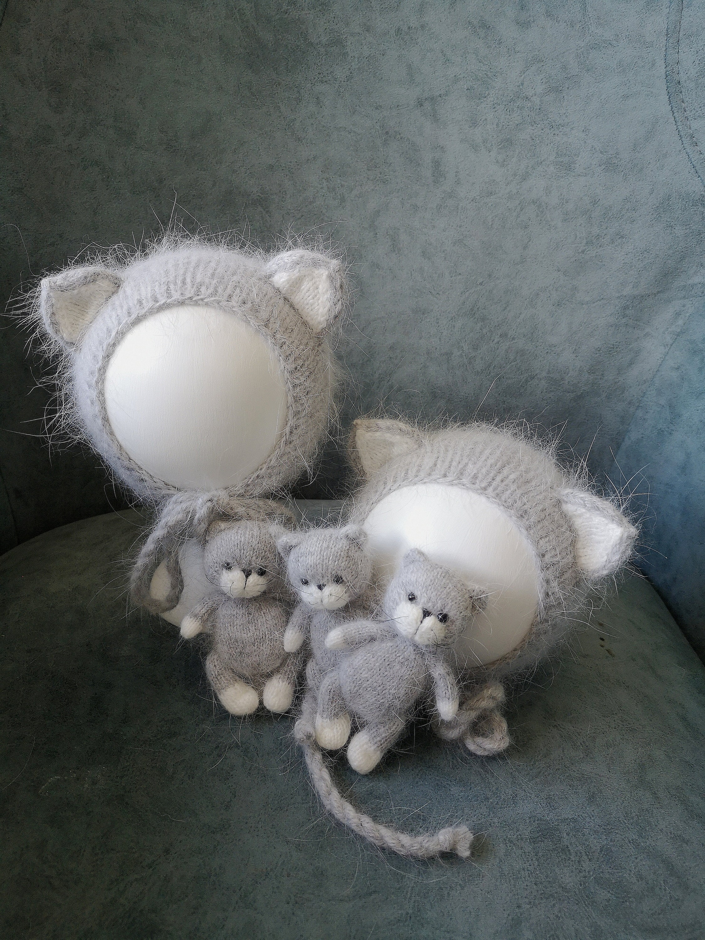 Gray Kitty Bonnet Hat and Toy Set, Kitten Newborn Bonnet, Knitted ...