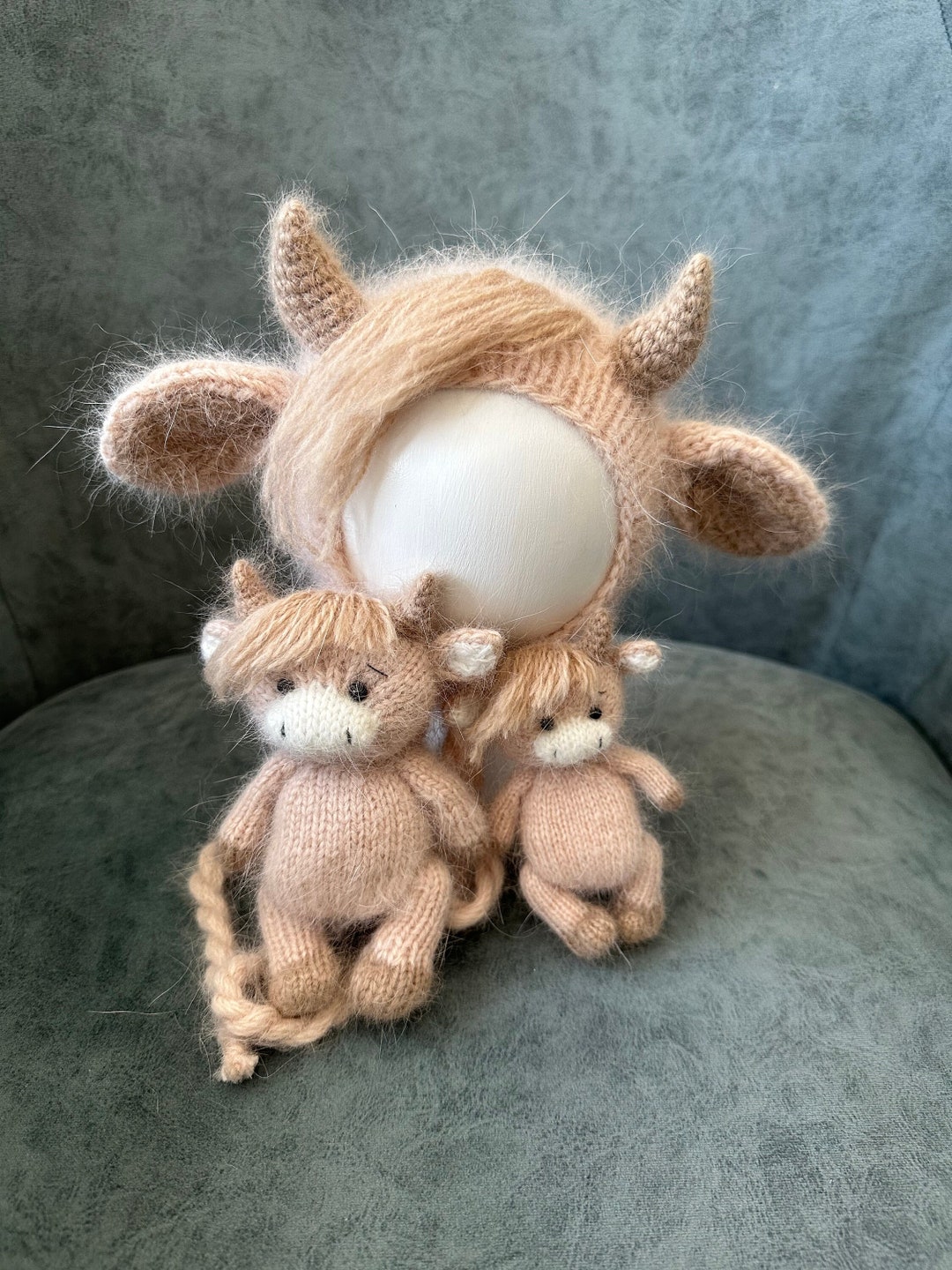 Highland Cow Toy With Cow Hat Set, Knitted Bull, Ox, Stuffed Cow, Farm ...