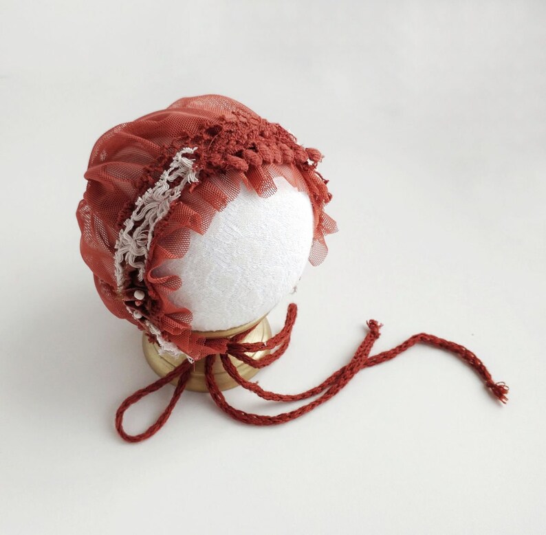 Rustic Lace Brick Newborn Bonnet Vintage Bonnet Velvet Ties | Etsy