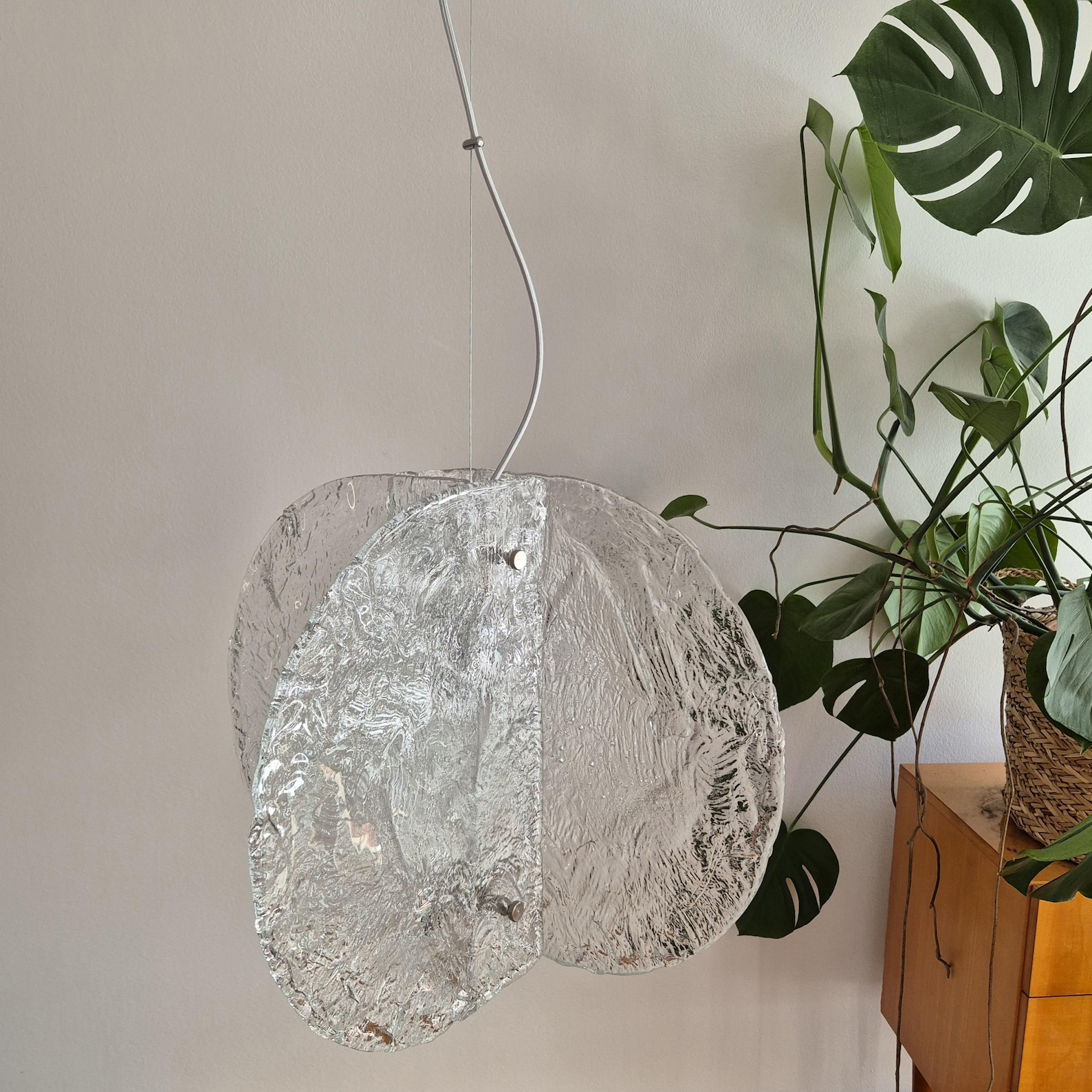 Large Carlo Nason Pendant Light / Mazzega Ceiling Lamp / Iced Glass ...