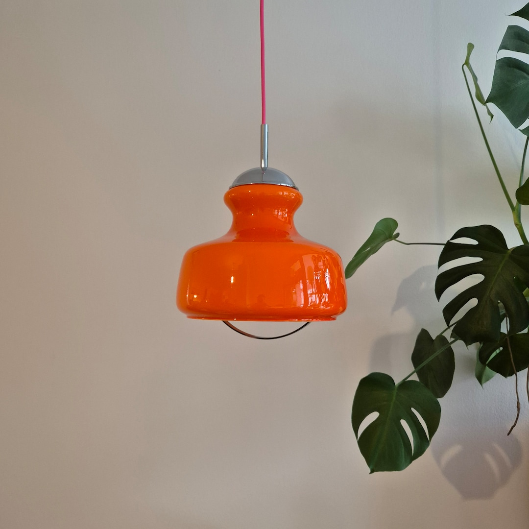 Space Age Glass Pendant Light / Orange Cased Glass Ceiling Light / Mid ...