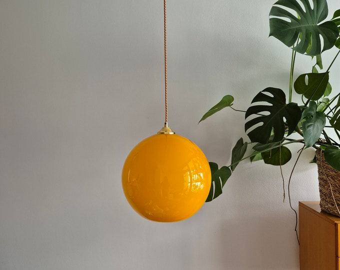 Retro MCM Opaline Glass Pendant Light / Yellow Cased Glass Ceiling ...