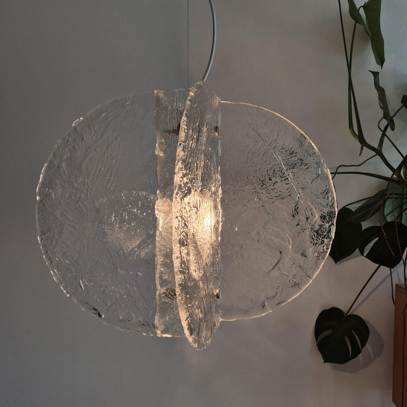 Large Carlo Nason Pendant Light / Mazzega Ceiling Lamp / Iced Glass ...