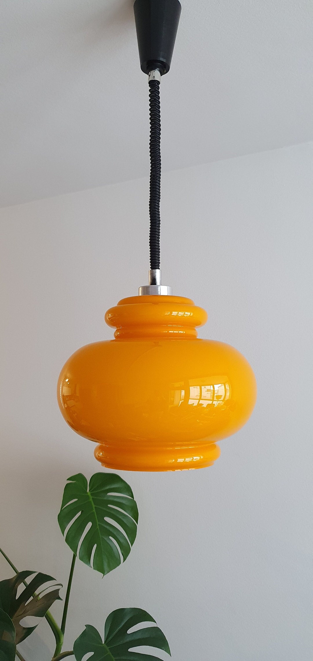 Space Age Glass Pendant Light / Yellow Cased Glass Ceiling Light / Mid ...