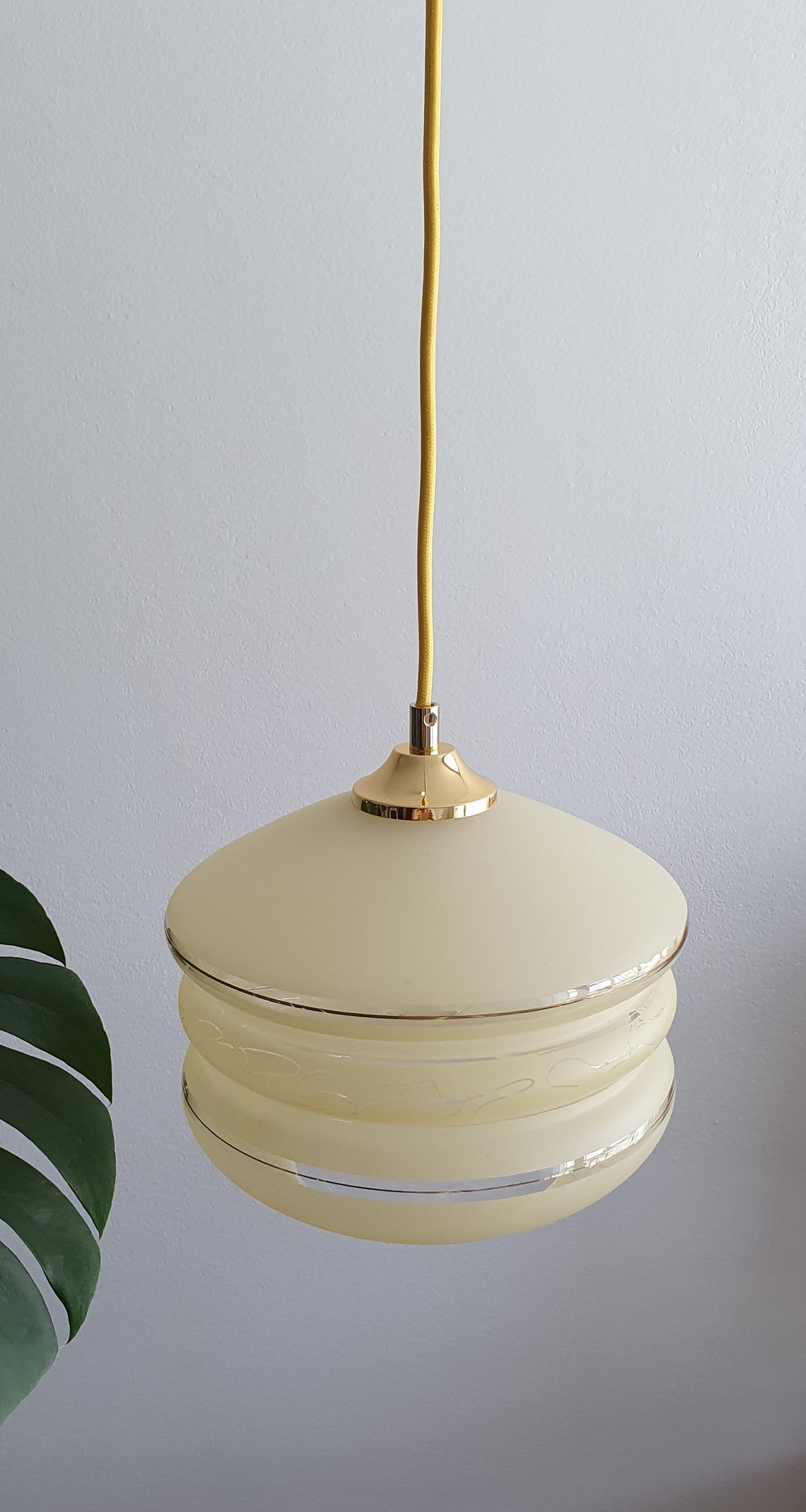 Set of 2 Vintage Glass Lamps / Vanilla Yellow Glass Ceiling Light / Mid ...