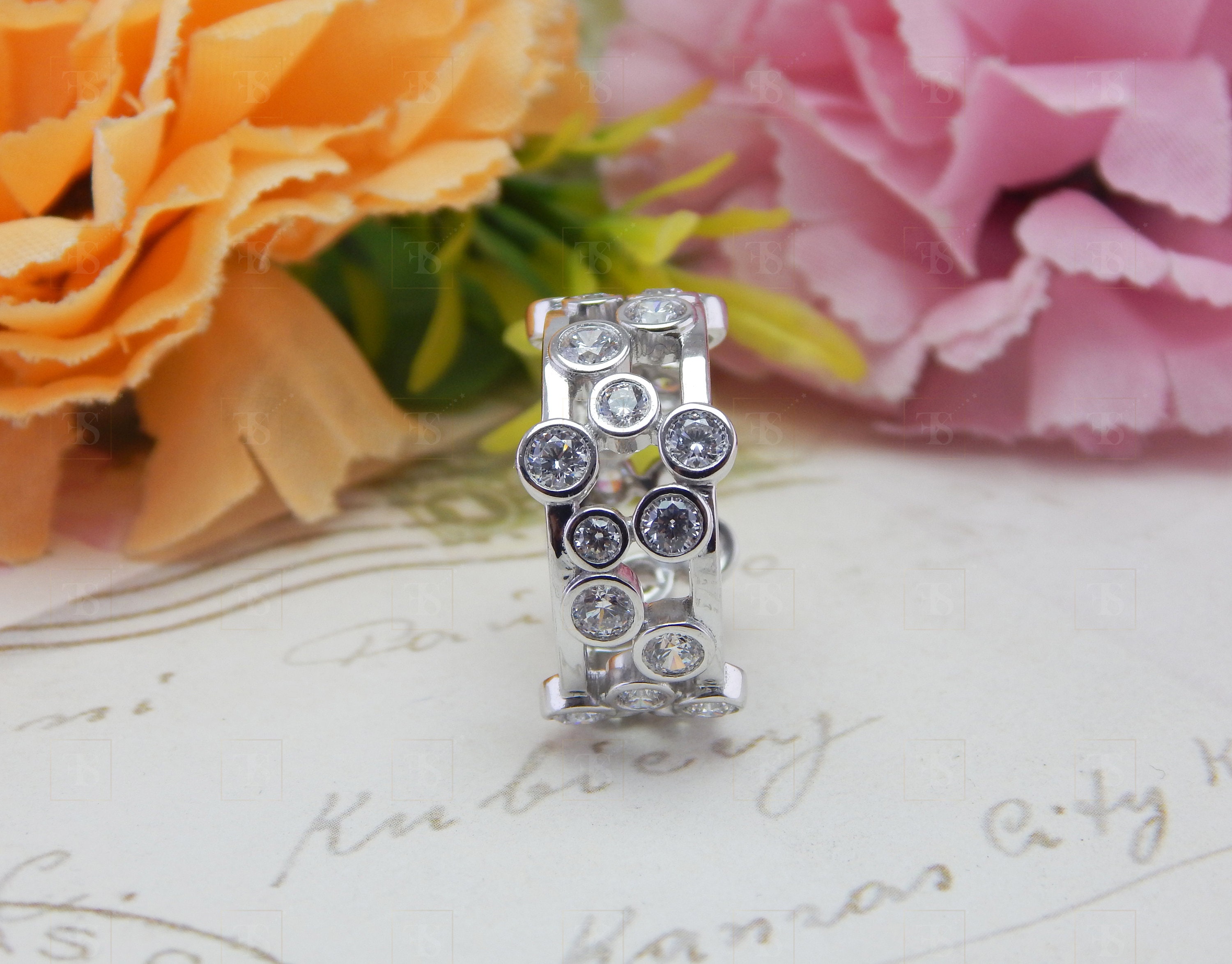 Round Moissanite Scatter Ring, Bezel Set Multi Stone Ring, Bubble Ring ...