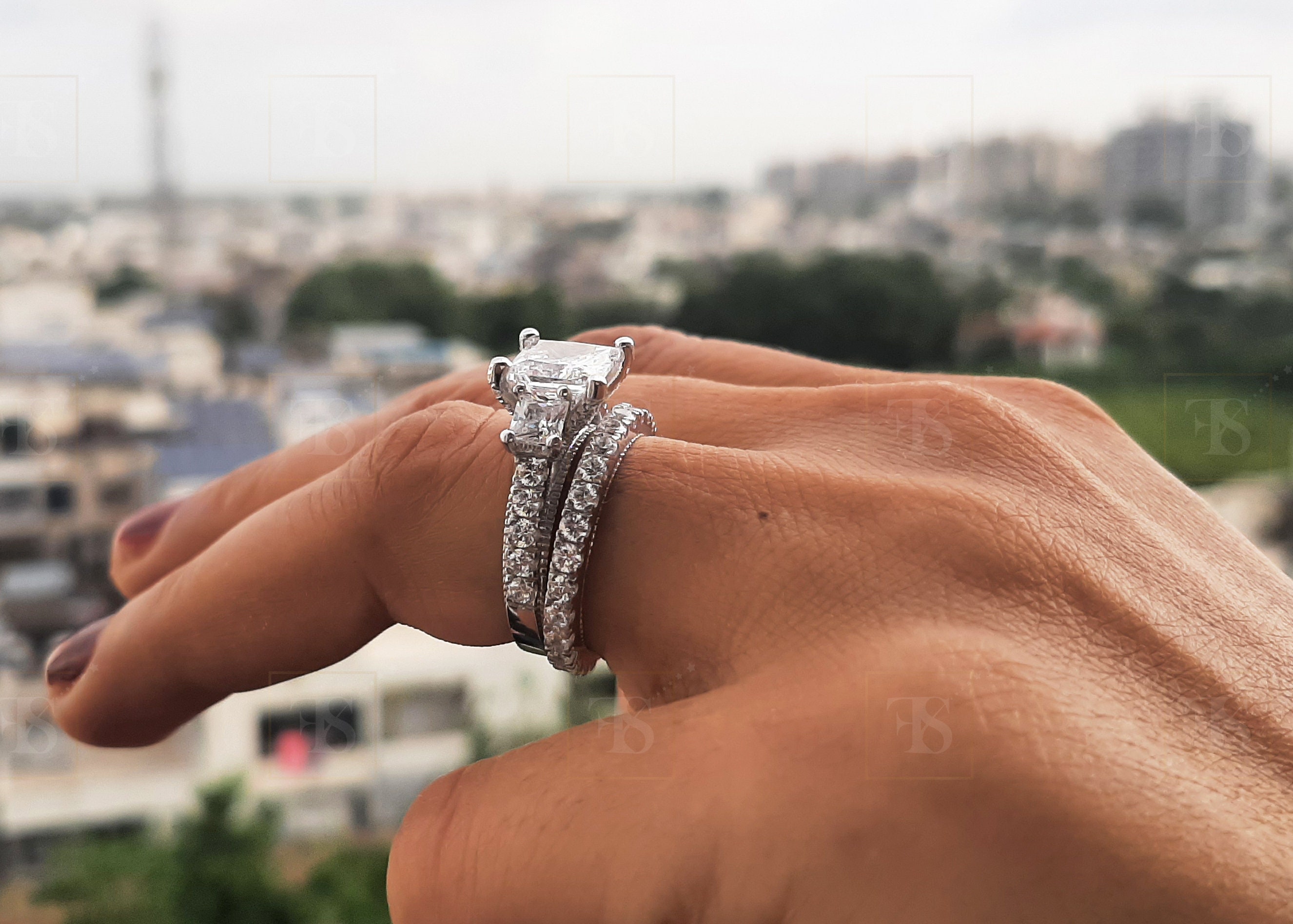 Three Stone Princess Wedding Ring Set, Simulant Diamond 3 Stone ...