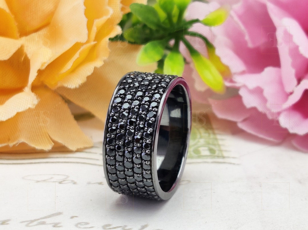 Iced Out Black Diamond Simulant Ring, Five Row Micro Pave, Sterling ...