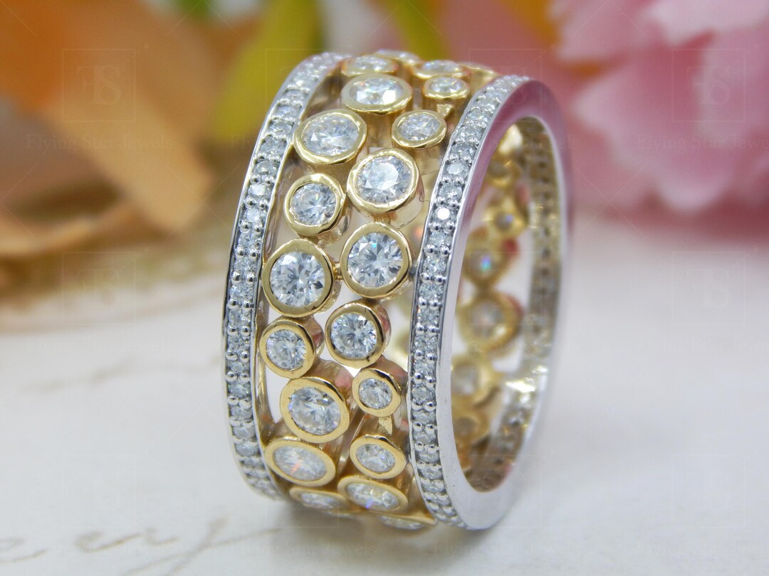 Round Moissanite Scatter Ring, Bezel Set Multi Stone Ring, Two Tone ...