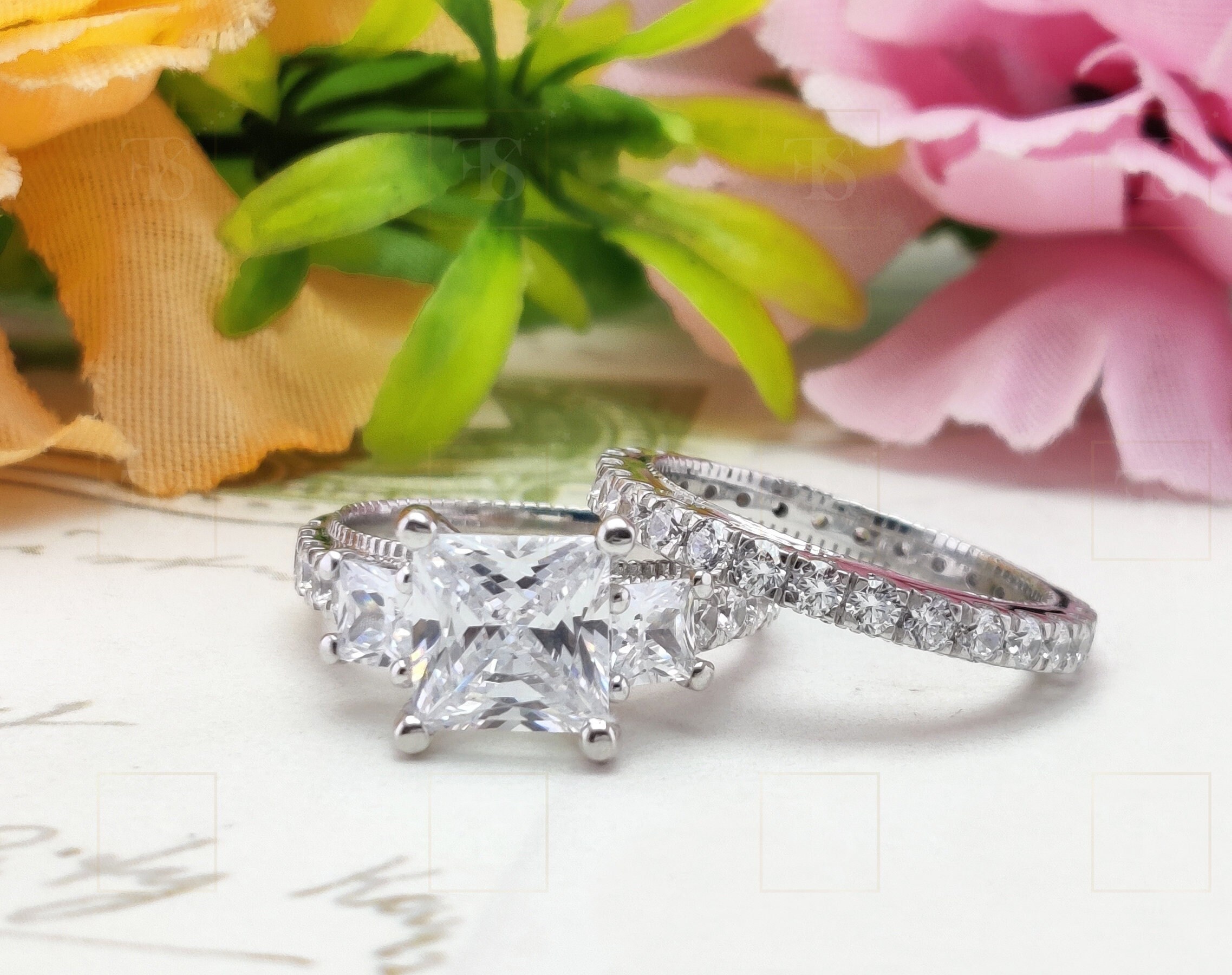 Three Stone Princess Wedding Ring Set, Simulant Diamond 3 Stone ...