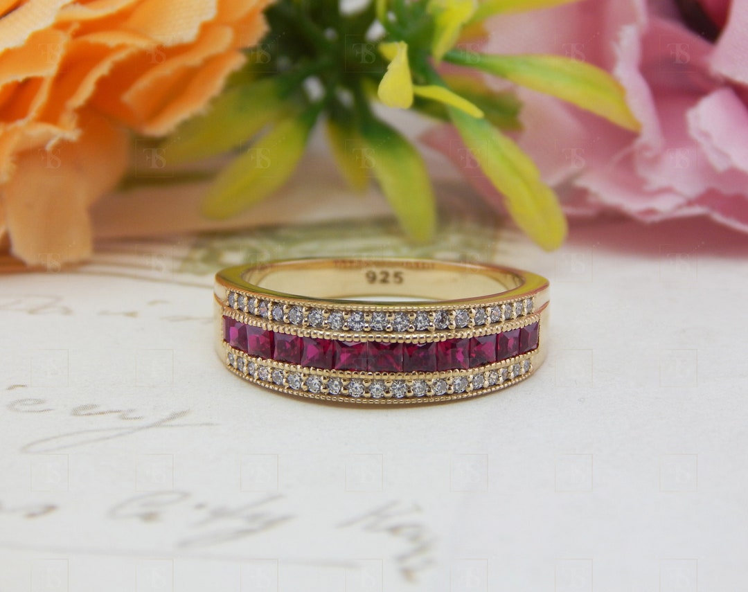 Art Deco Vintage Style Wedding Band, Red Ruby Princess Cut Channel Set ...