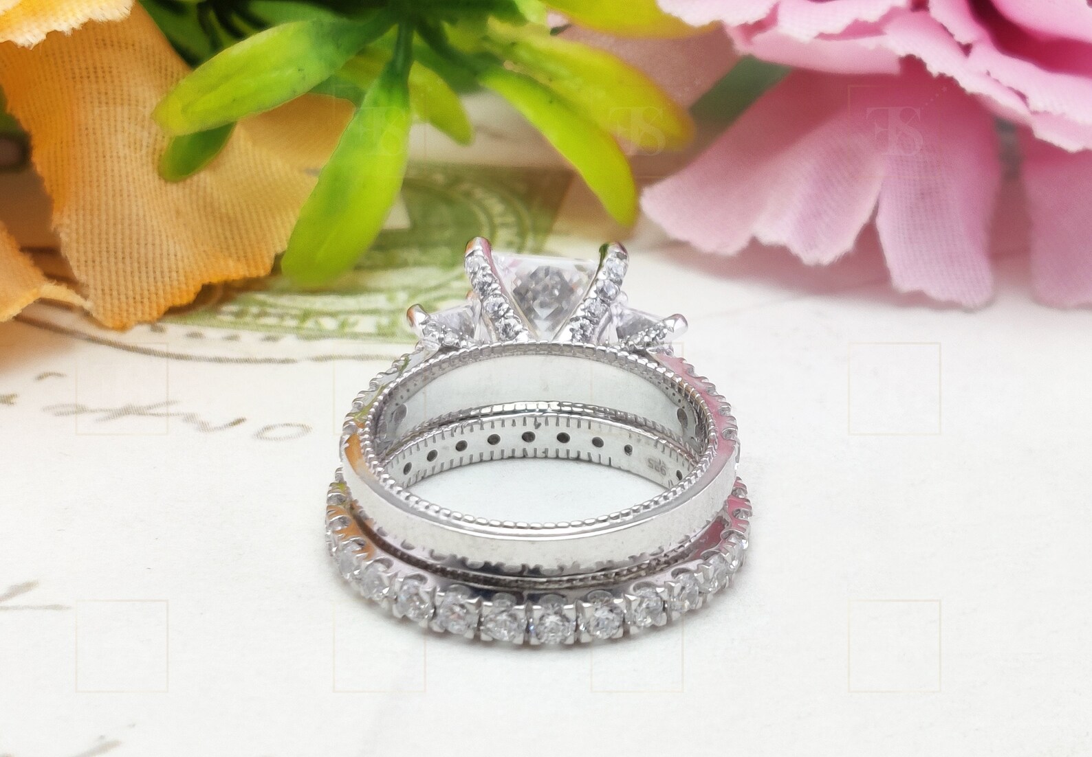 Three Stone Princess Wedding Ring Set, Simulant Diamond 3 Stone ...