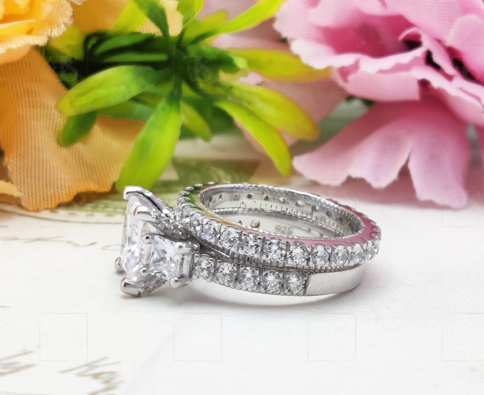 Three Stone Princess Wedding Ring Set, Simulant Diamond 3 Stone ...