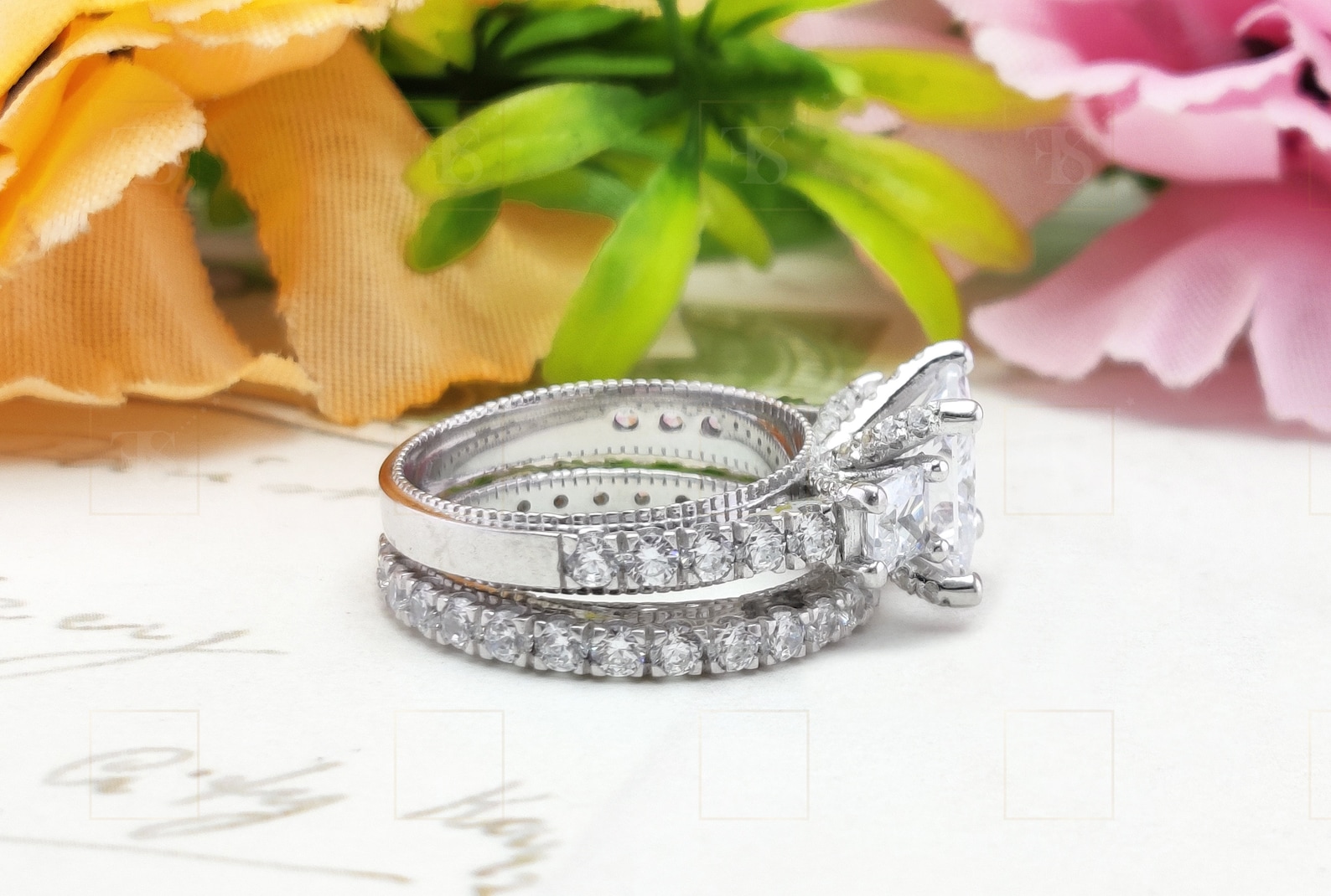 Three Stone Princess Wedding Ring Set, Simulant Diamond 3 Stone ...
