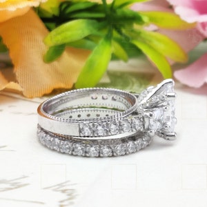 Three Stone Princess Wedding Ring Set, Simulant Diamond 3 Stone ...