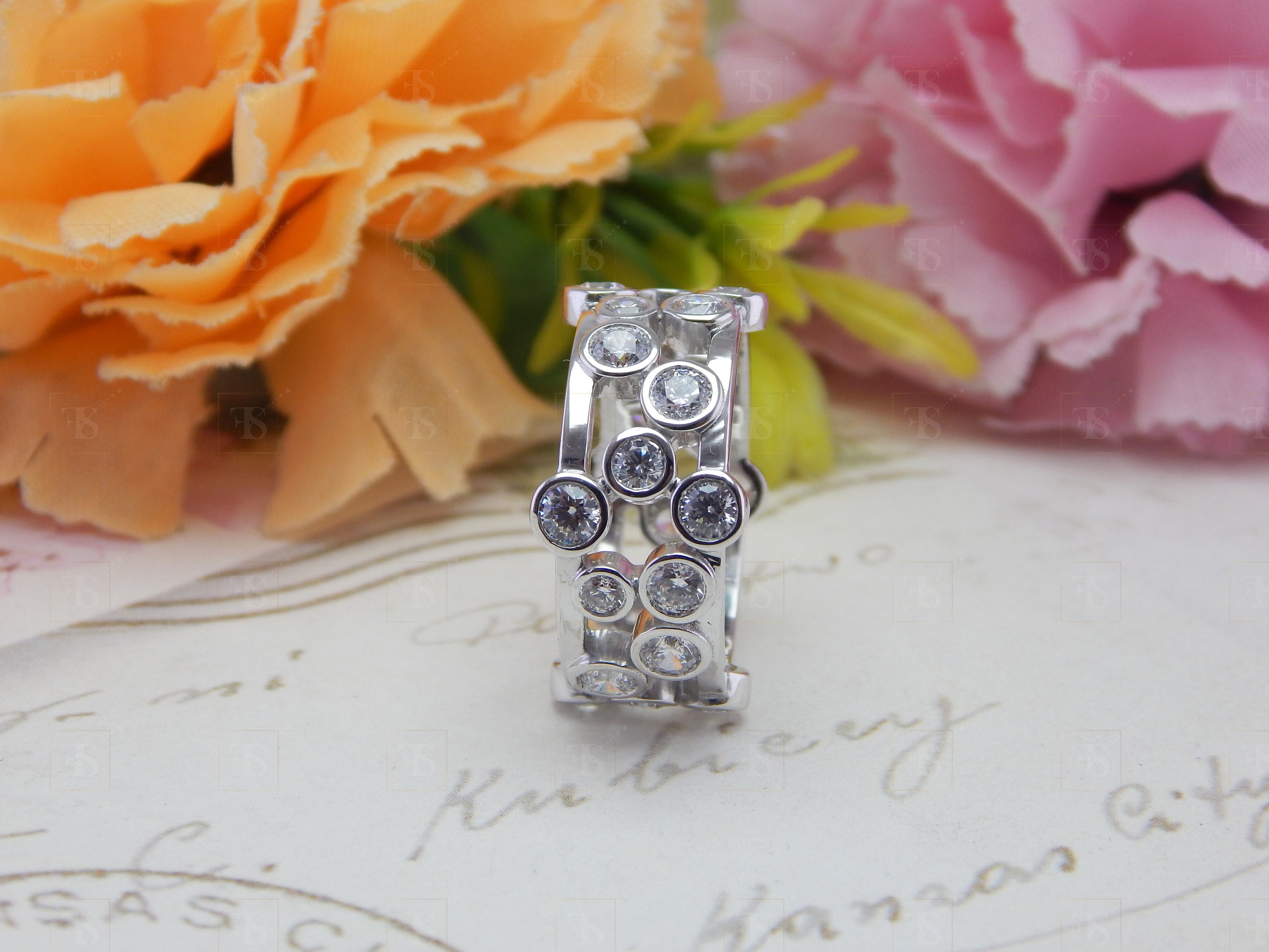 Round Moissanite Scatter Ring, Bezel Set Multi Stone Ring, Bubble Ring ...