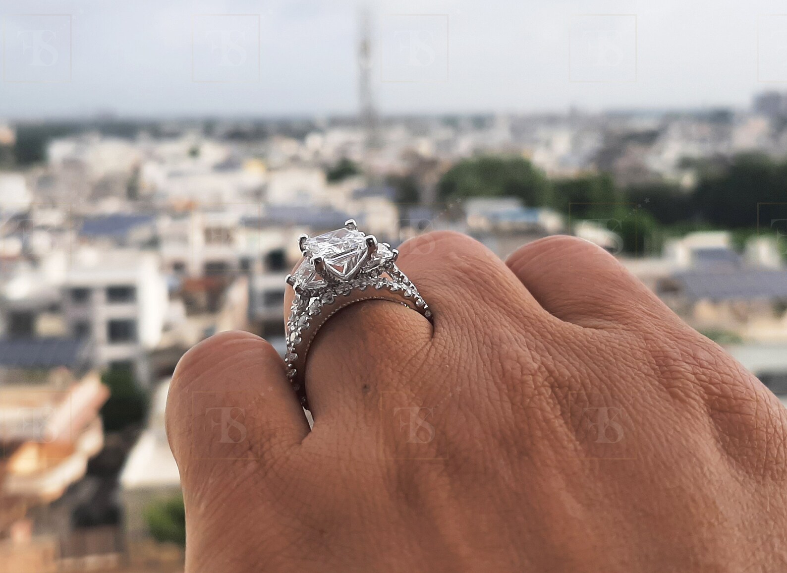 Three Stone Princess Wedding Ring Set, Simulant Diamond 3 Stone ...