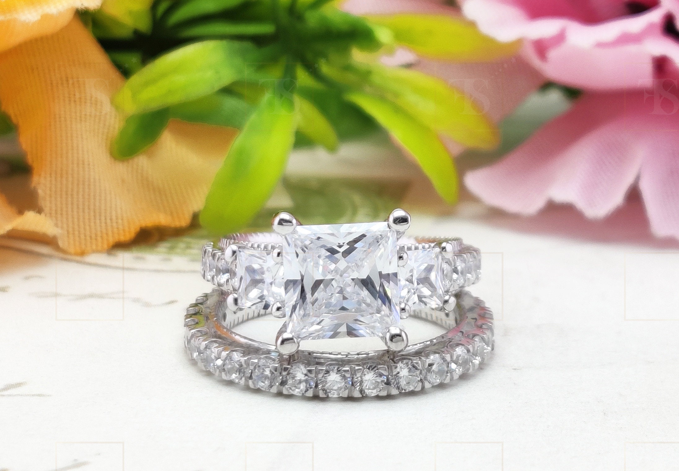 Three Stone Princess Wedding Ring Set, Simulant Diamond 3 Stone ...