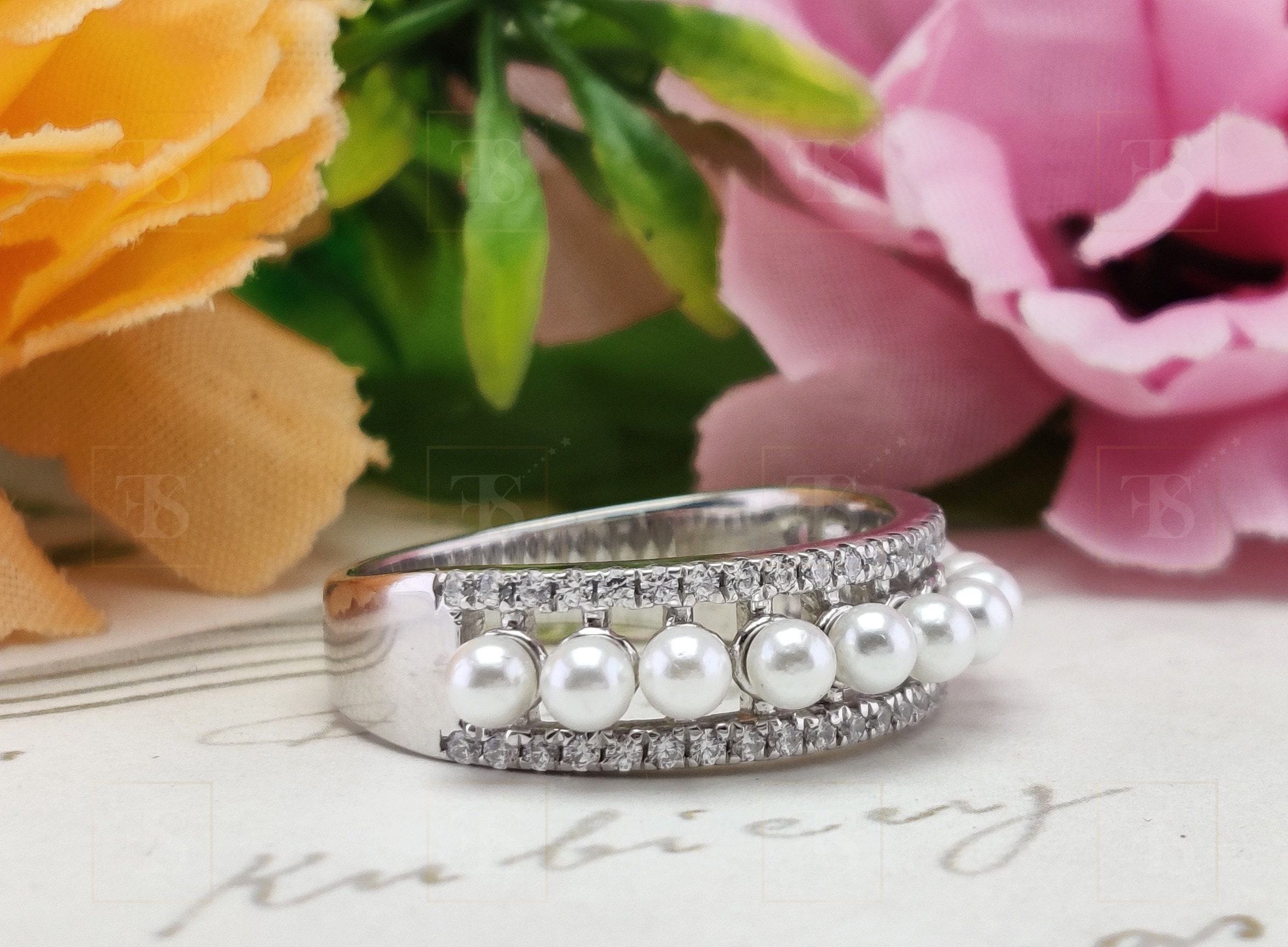 Pearl Wedding Band Women, Triple Row Half Eternity Band Women, Round ...