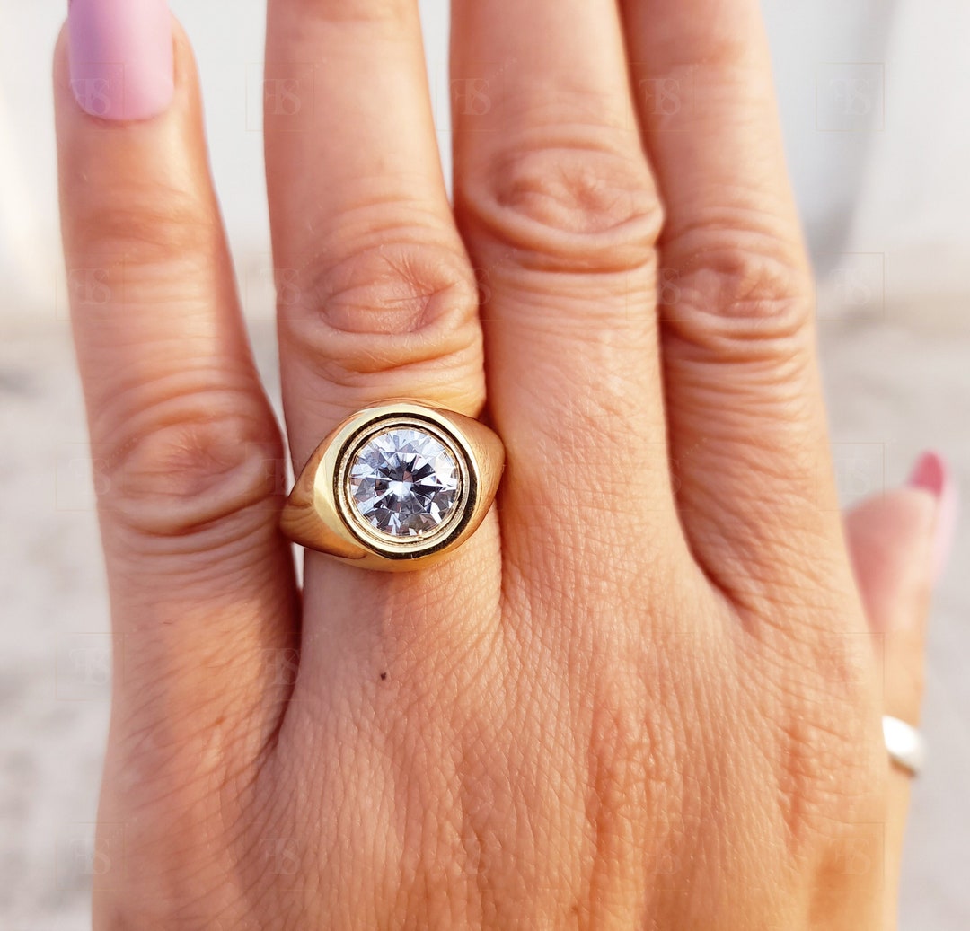 Diamond Signet Ring Women's, Round Moissanite Engagement Ring ...