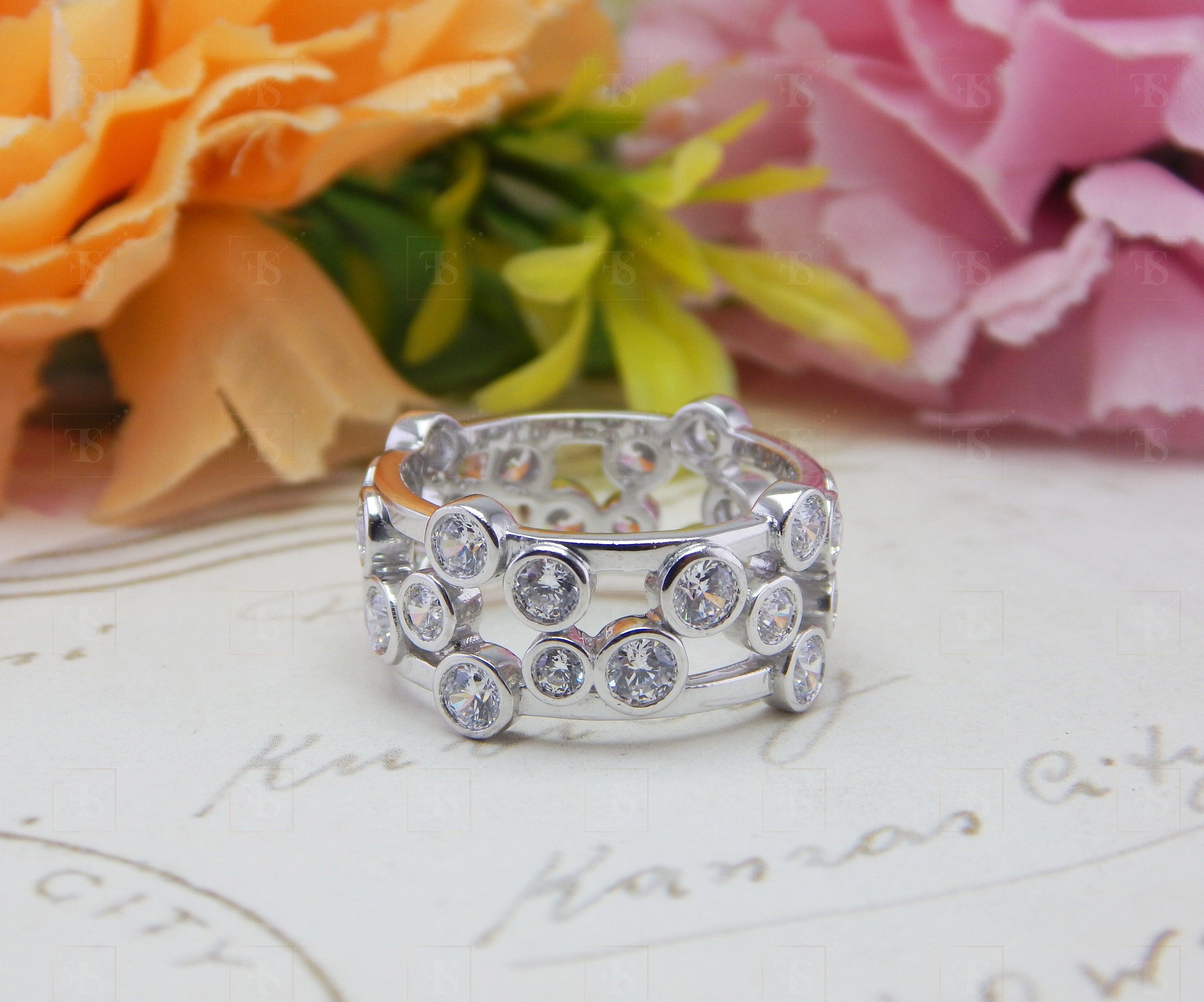 Round Moissanite Scatter Ring, Bezel Set Multi Stone Ring, Bubble Ring ...