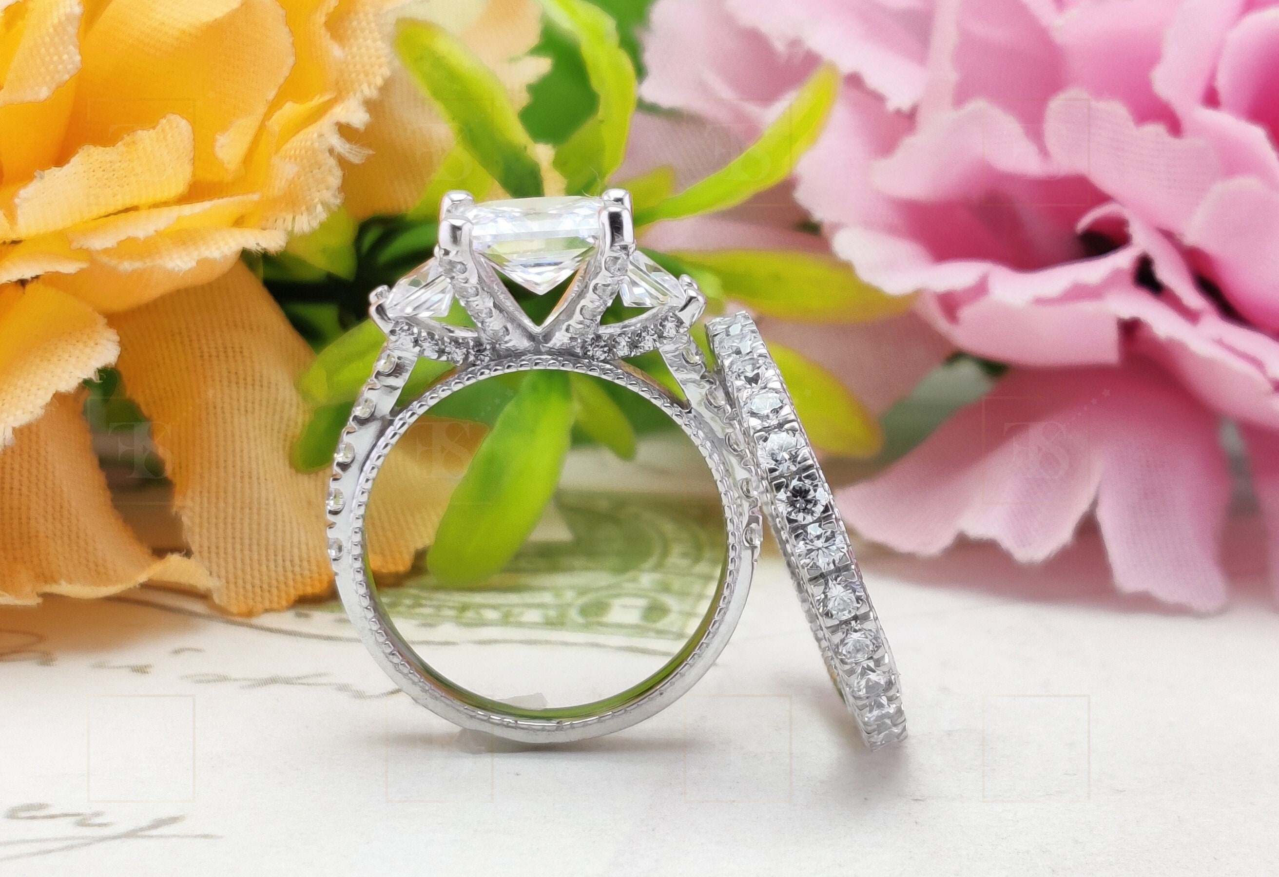 Three Stone Princess Wedding Ring Set, Simulant Diamond 3 Stone ...