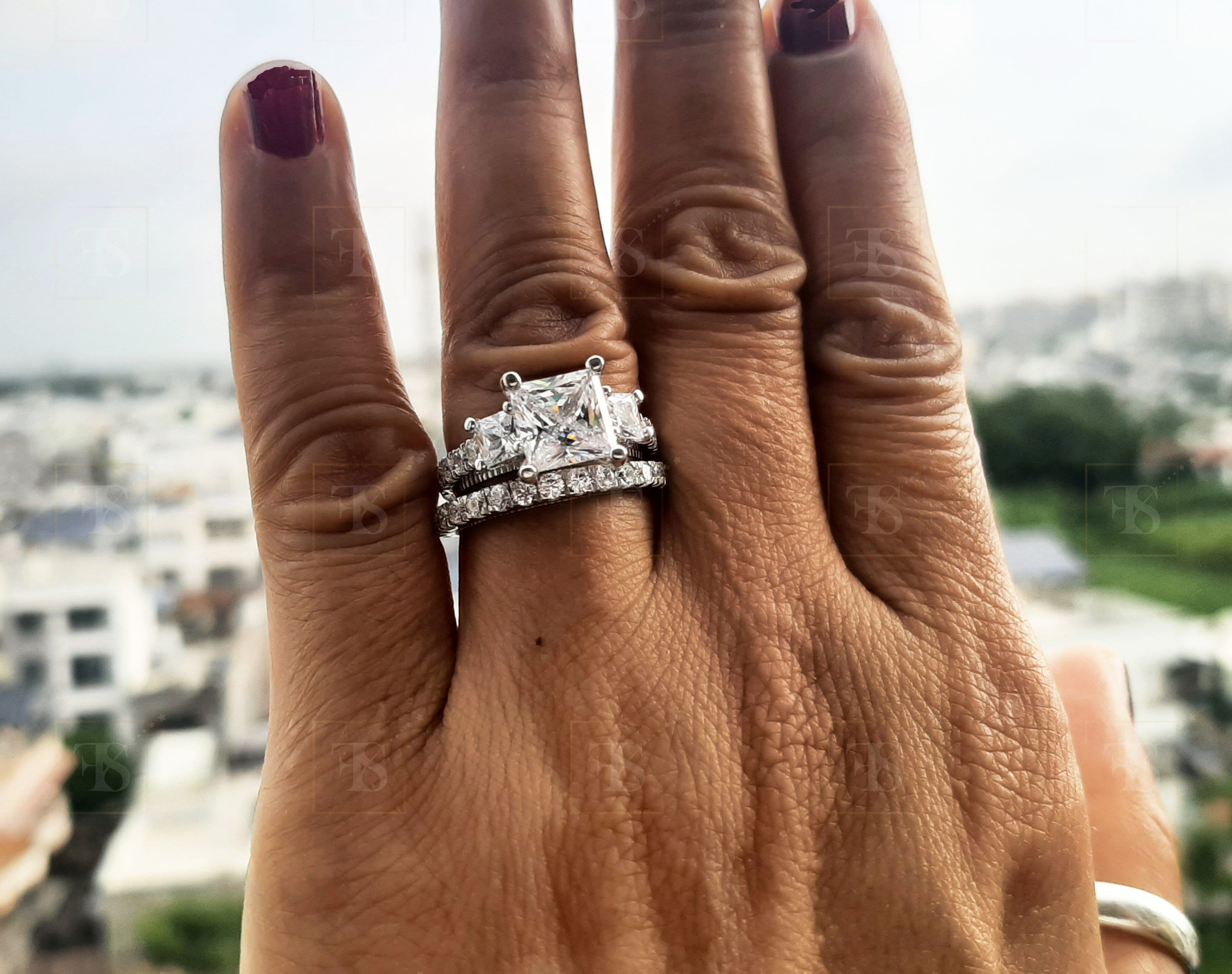 Three Stone Princess Wedding Ring Set, Simulant Diamond 3 Stone ...