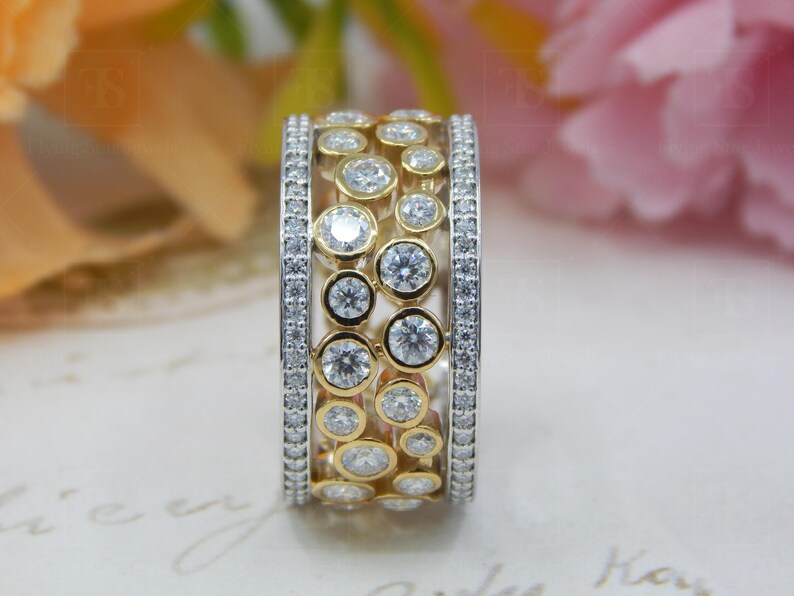 Round Moissanite Scatter Ring, Bezel Set Multi Stone Ring, Two Tone ...
