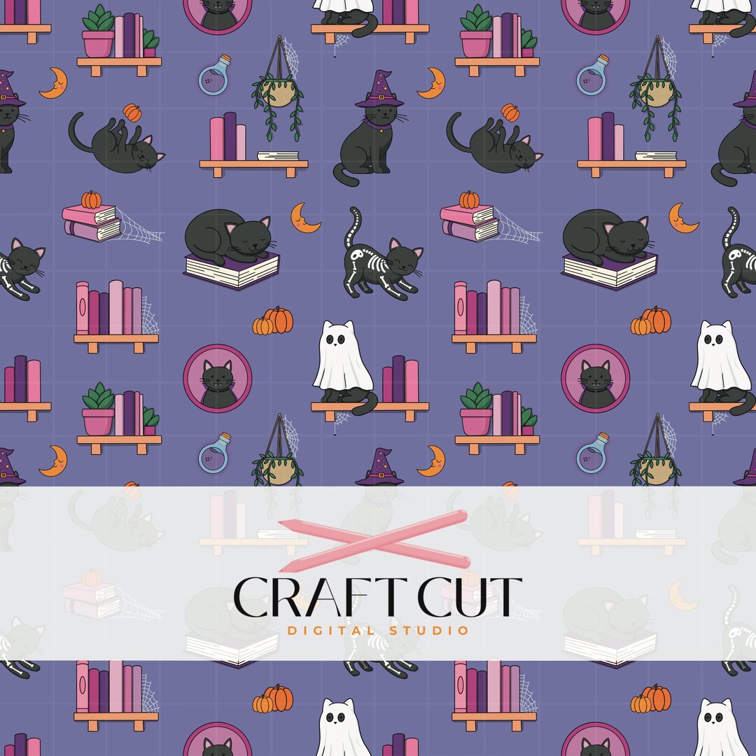 Halloween Cat Seamless Pattern | Cute Spooky Black Cats, Books, Ghosts ...