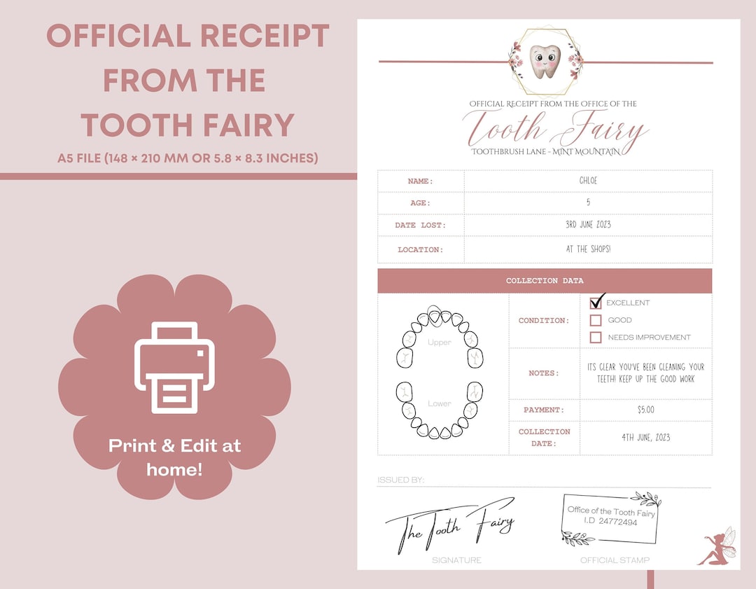 Customisable Tooth Fairy Letter in Pink With Cute Logo, Signature and ...