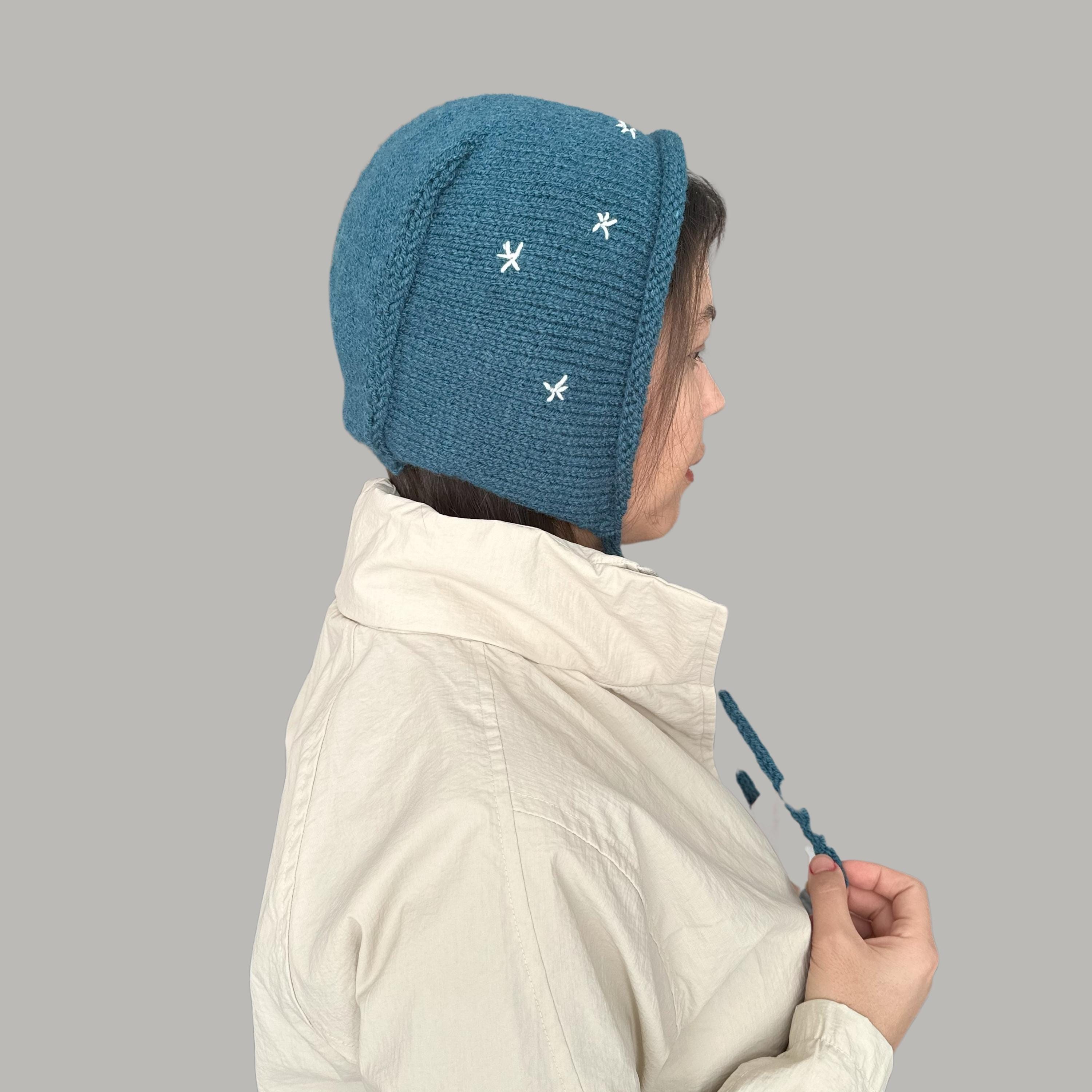 Hand Knitted Tie Bonnet, Handmade Winter Warm Hat, Crochet Balaclava ...