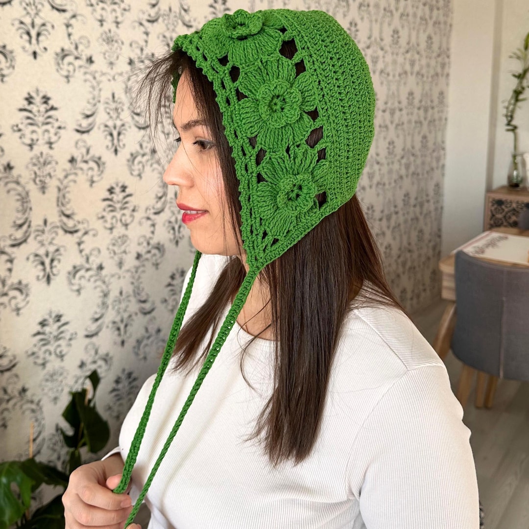 Crochet Granny Square Bonnet: Handmade Cotton Floral Lace-up Hood - Etsy
