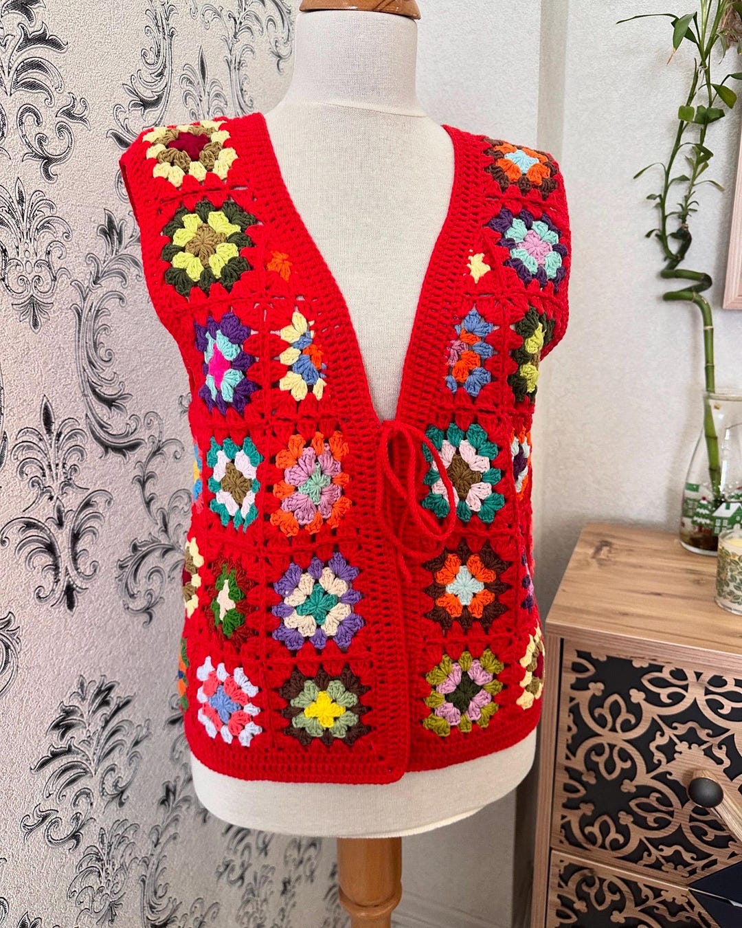 Cozy Red Crochet Vest ,vintage-inspired Customizable Womens Crochet ...