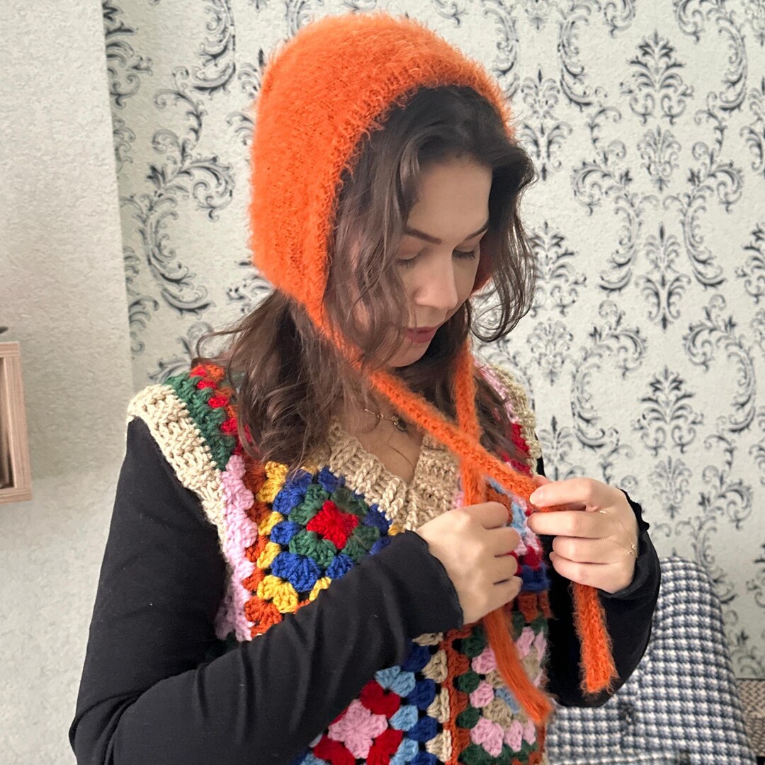 Knit Adult Bow Tie Bonnet,handmade Bonnet,handknit Bonnet,orange ...