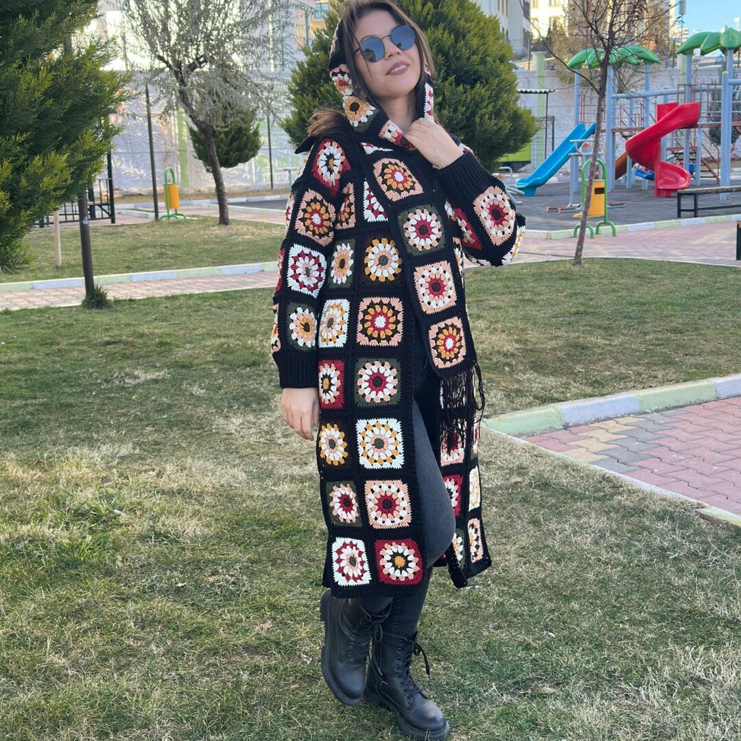 Cozy Boho Chic Black Granny Sguare ınspired by Gigi Hadid,handmade ...